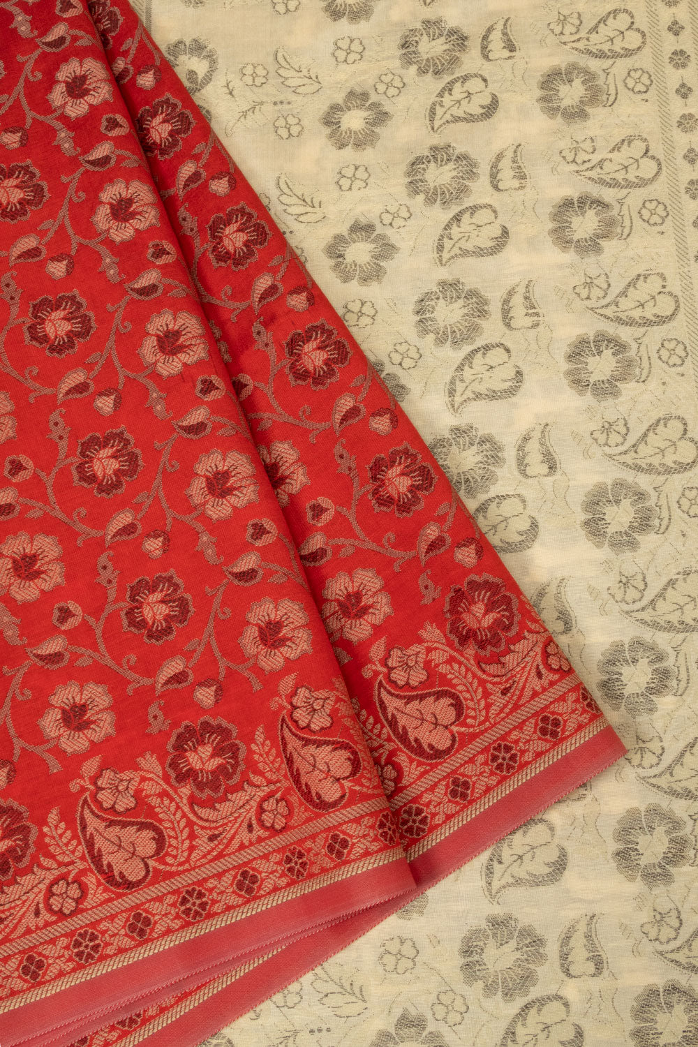 Firebrick Red Handloom Himroo Silk Cotton Saree | Avishya.com