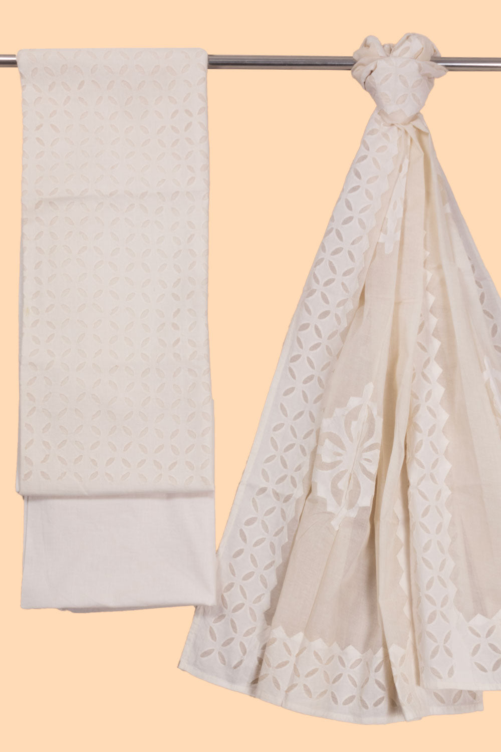 White Barmer Applique Embroidered Cotton 3 Piece Salwar Suit Material ...