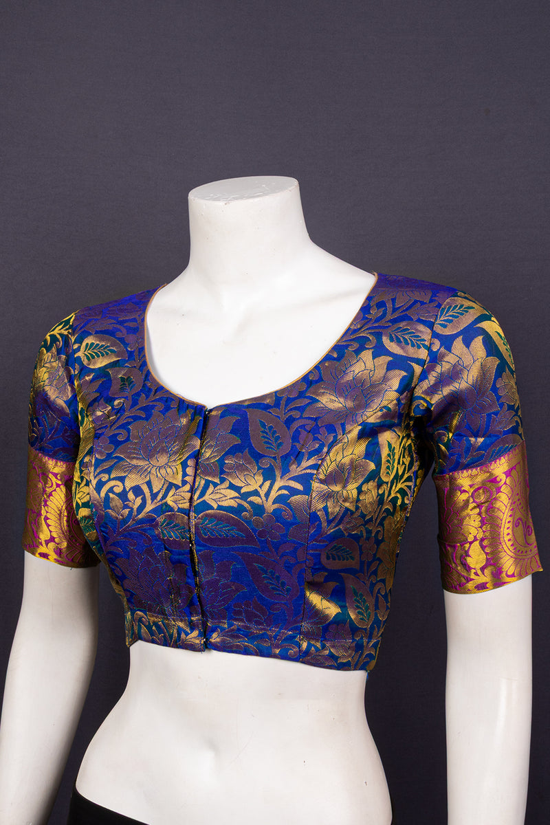 Majestic Blue Kanjivaram Silk Blouse With Floral Zari Border And Motif ...