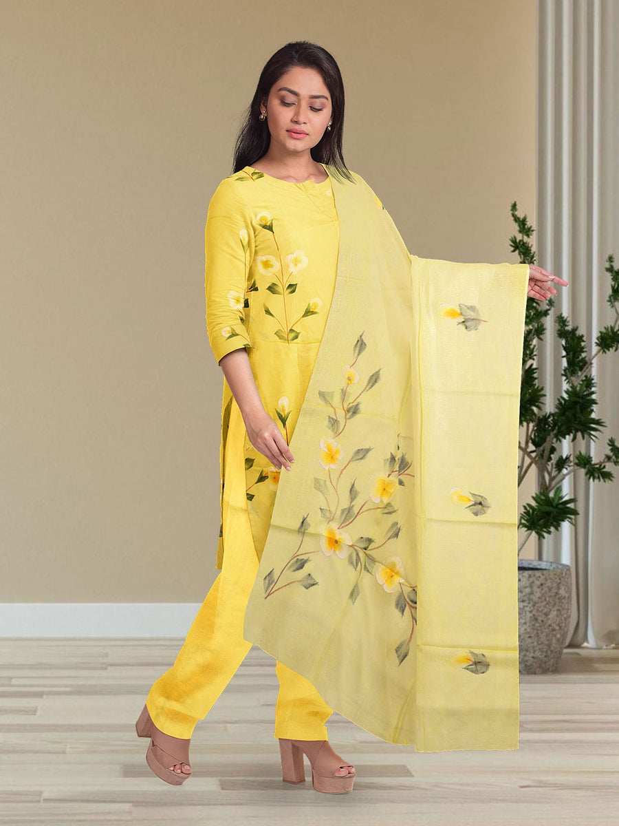 Yellow Hand Painted 3-Piece Salwar Suit Material 10076024 – Avishya.com